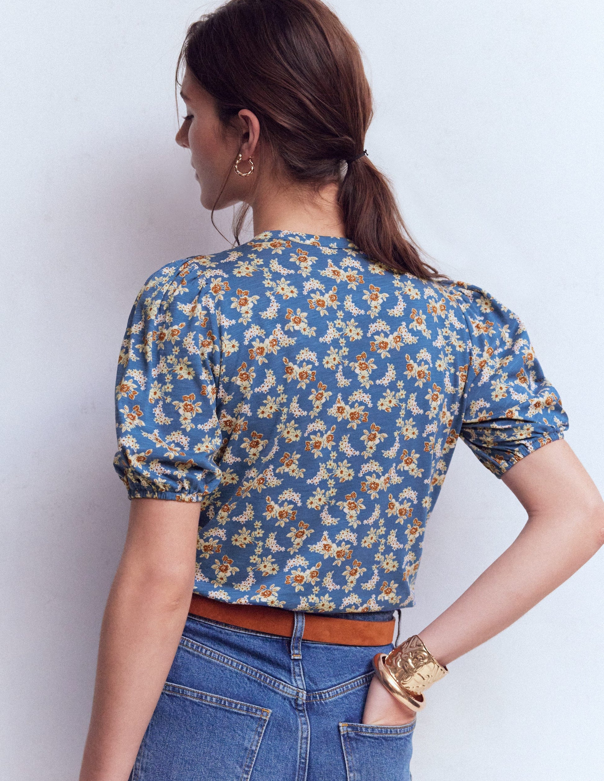 Mya Short Sleeve Smocked Shirt-True Navy, Dainty Blooms | Boden USA