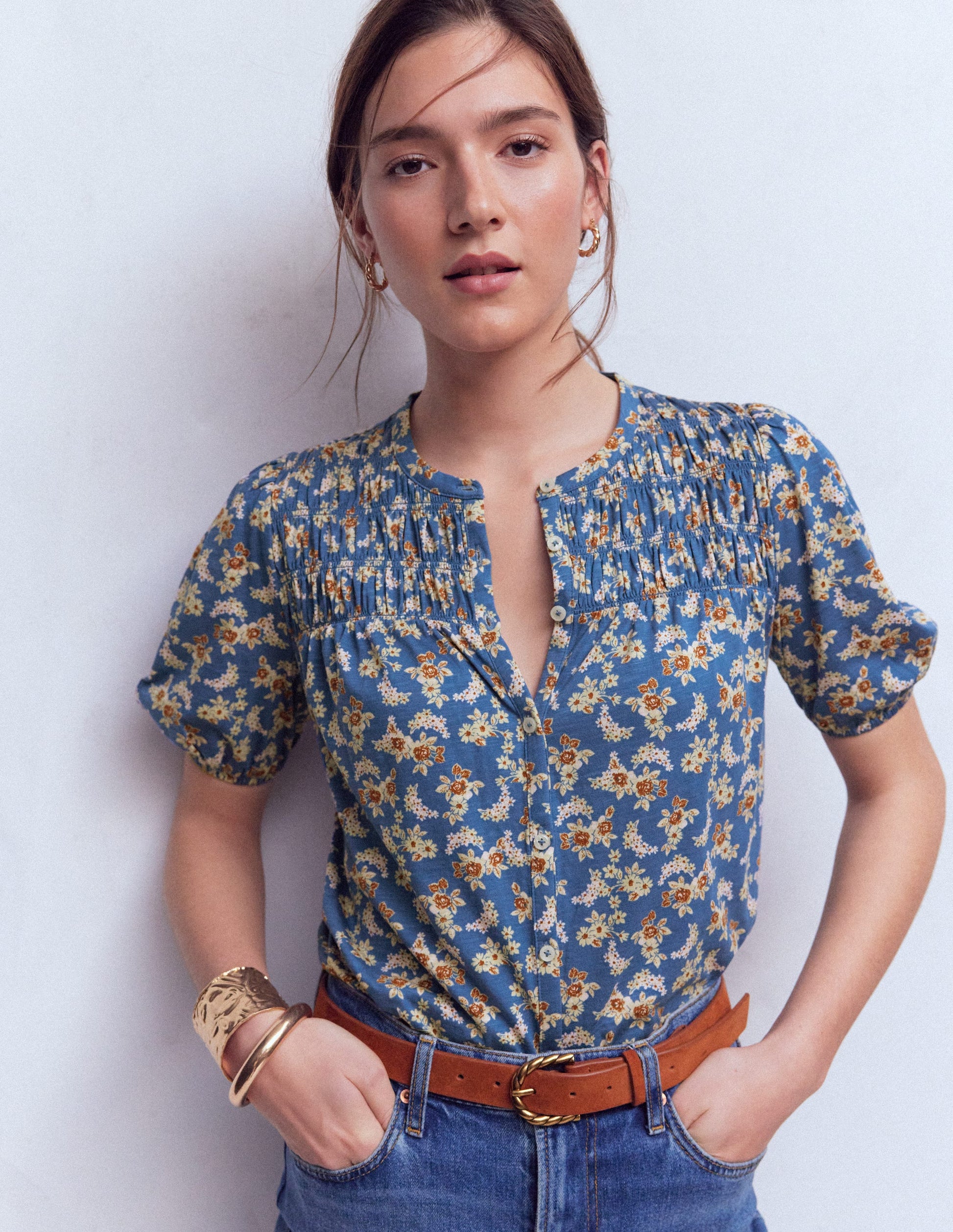 Mya Short Sleeve Smocked Shirt-True Navy, Dainty Blooms | Boden USA