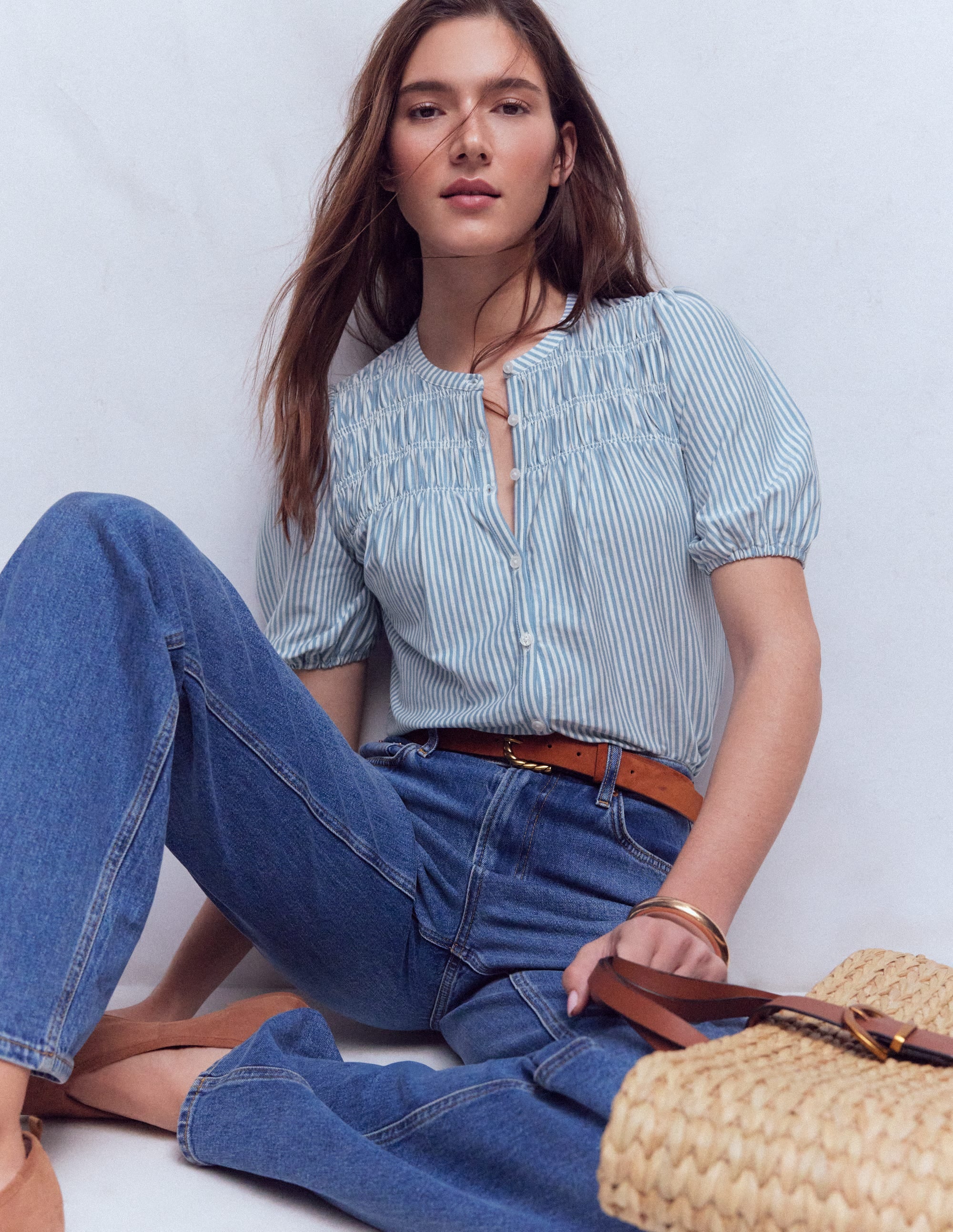 Mya Short Sleeve Smocked Shirt-French Blue and Ivory Stripe | Boden USA