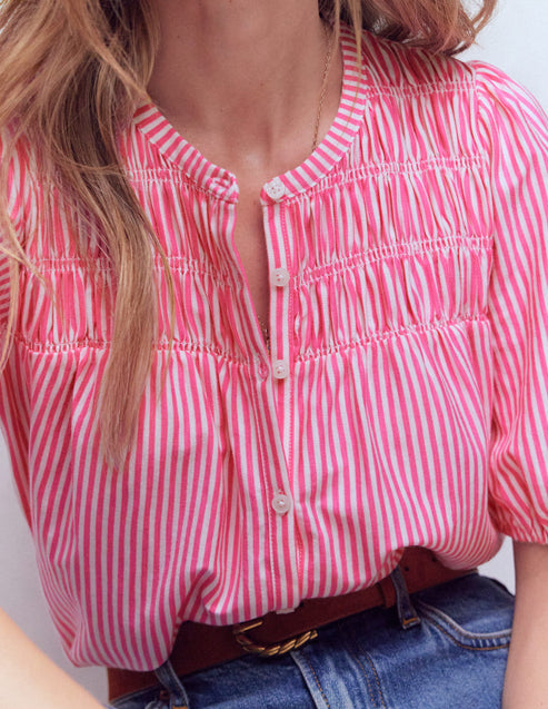 Mya Short Sleeve Smocked Shirt-Pink Punch and Ivory Stripe | Boden USA